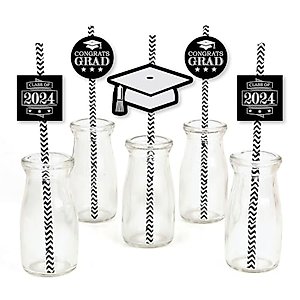 Big Dot of Happiness Graduation Cheers Paper Straw Decor - 2024 Graduation Party Striped Decorative Straws - Set of 24