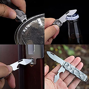 ainhue AU001 Compact Double-bladed Folding Pocket Knife, Half-serrated D2 blade, Bottle Opener, Scalloped TC4 Titanium Handle with a Pry Bar Lanyard. Slip Joint Utility Multi-tool EDC Knives