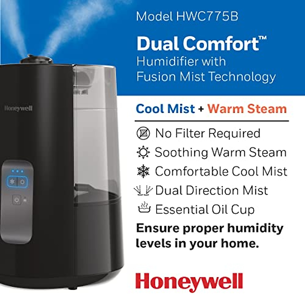 Honeywell Dual Comfort Cool + Warm Mist humidifier. Humidifier for Bedroom, Office, Living Room and Home. Provides Temporary Relief from Dry air discomforts - Black, HWC775B