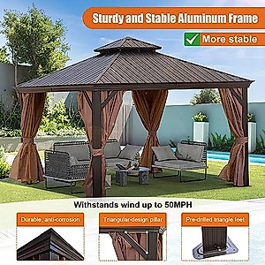 Zevemomo 12x12 ft Hardtop Gazebo, All Weather Outdoor Gazebo with 2 Tiered Steel Roof and Aluminum Frame, Permanent Gazebo with Mosquito Netting and Curtains for Deck, Patio, Backyard, Dark Brown