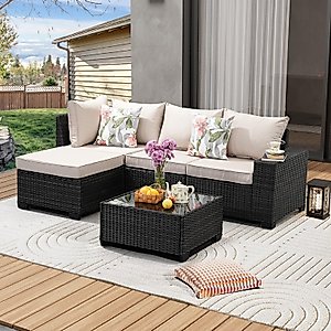 JOYURE 5 Pieces Patio Furniture Set All-Weather Outdoor Wicker Sectional Conversation Sofa Rattan Patio Seating Sofa with Cushion and Glass Table and Ottoman for Porch,Beige