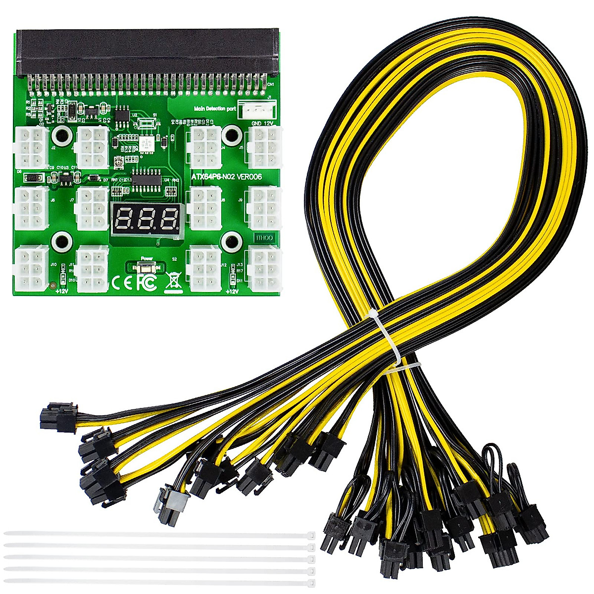 LXun Ethereum Mining ETH ZEC Power Supply 12V GPU/PSU Breakout Board for HP 1200w/750w Server PSU + 12pcs 16AWG PCI-E 6Pin to 6+2Pin Cables 27.5Inch Length(70CM, with 5 Nylon Cable Ties)