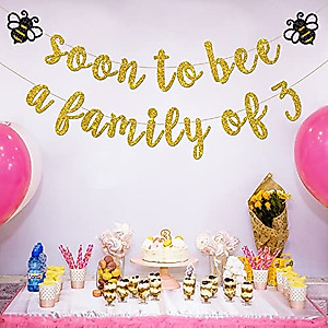 INNORU Soon to Bee a Family of Three Banner, Bumble Bee Theme Baby Shower Party Decorations, Mommy to Bee Daddy to Bee Party, Bee Pregnant Annountanct Party Decorations, Gold Glitter