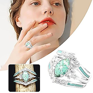 3pcs Sterling Silver Natural Gemstone Diamond Rings for Women, Fashion Vintage 3 Piece Set Ring Accessories Jewelry, Turquoise