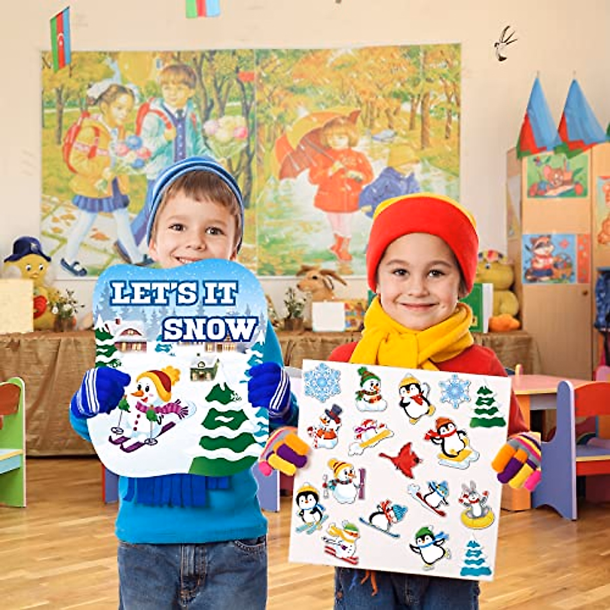 72 Pcs Winter Mix Cut Outs Winter Wonderland Cutouts Penguin Snowflake Snowman Paper Cutouts with Glue Point Dots Winter Bulletin Board Set for Classroom Decor School Christmas Winter Party Supplies