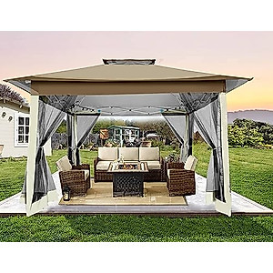 HOTEEL Gazebos 12x12 Gazebo with Mosquito Netting Pop Up Gazebo Base 10x10 Patio Gazebo Canopy with Mosquito Net Screened Gazebo with Vented Top,Storage Bag and 4 Weights for Backyard(Khaki)