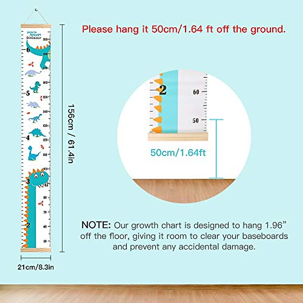 Outivity Growth Chart for Kids, Height Chart for Kids/Boys/Girls/Baby, Canvas & Wooden, Removable Growth Height Chart, Wall Room Decor - Dinosaur
