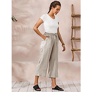 ECUPPER Womens Linen Cropped Pants Loose Casual Capri Cotton Wide Leg Plus Size Elastic Waist with Drawstring Trouses Natural XL