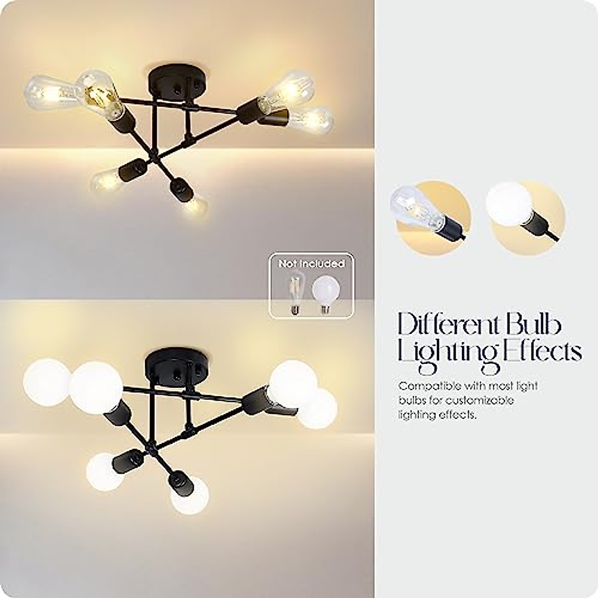 Soilsiu Modern Sputnik Chandelier, 6-Light Ceiling Light Fixture, Metal Semi Flush Mount Light Fixtures for Dining Room, Kitchen, Bedroom, Office (Black, W:16.5",H:8")