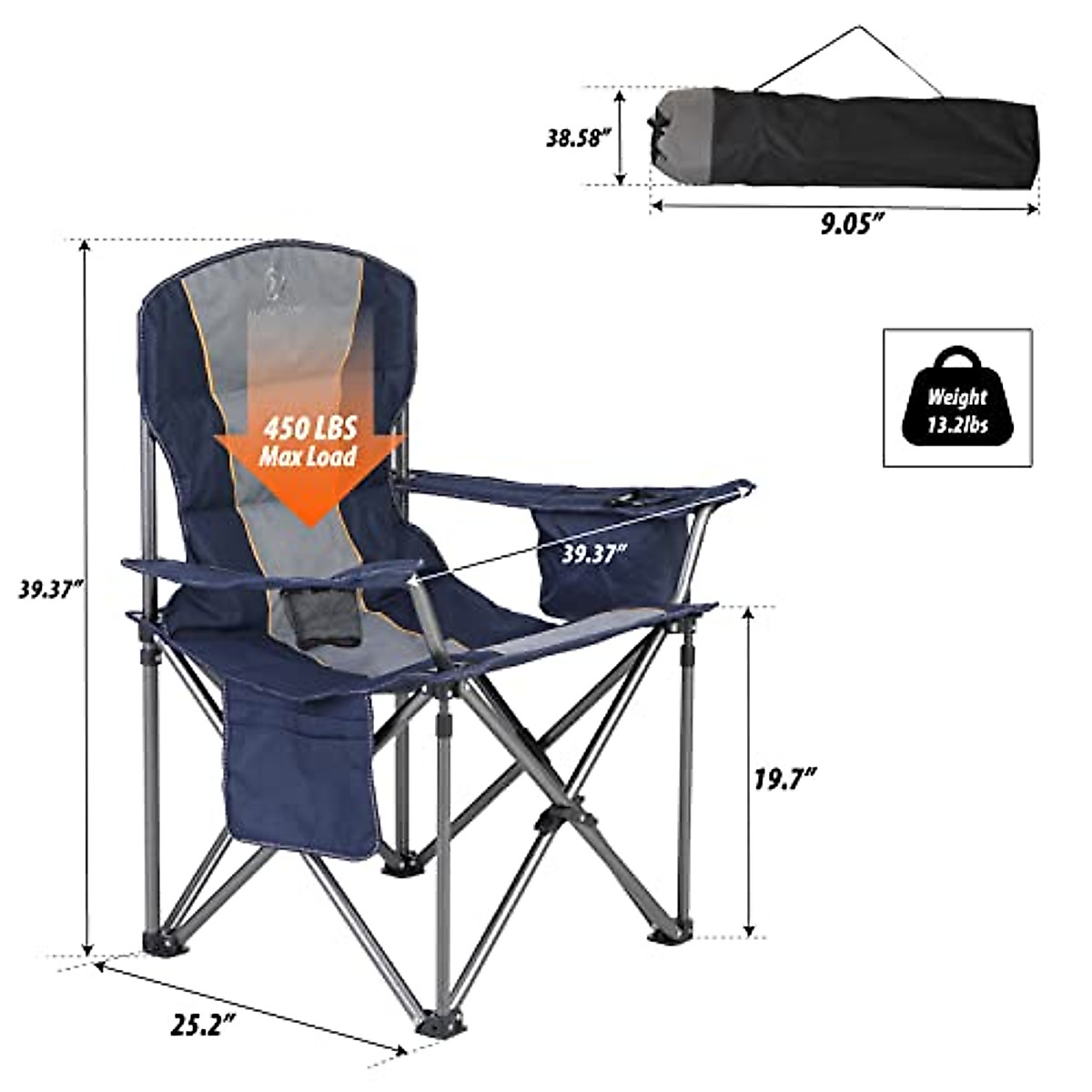 ALPHA CAMP Oversized Folding Camping Chair, Heavy Duty Portable Lawn Chairs with Cooler Bag, Side Pocket & Cup Holder, Folding Chairs for Outside Support 450 LBS