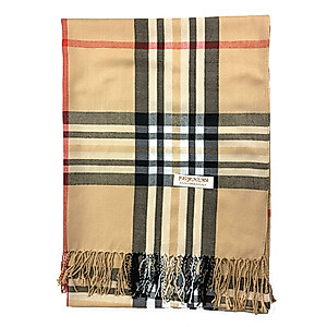 Plum Feathers Luxurious Classic Plaid Pattern Pashmina Scarf (Camel)