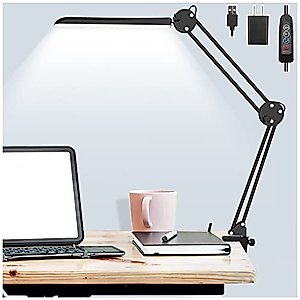 Florarich LED Metal Desk Lamp with Clamp,Swing Arm Desk Light for Home Office, Dimmable 5 Color Modes 10 Brightness, Eye-Caring Table Lamp with Memory Function for Work, Study, Reading, 12W
