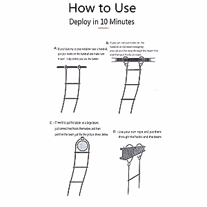 SUTON Emergency Fire Escape Ladder Flame Resistant Safety Rope Ladder with Hooks Fast to Deploy & Easy to Use Compact & Easy to Store Withstand Weight up to 2000 pounds (16ft)