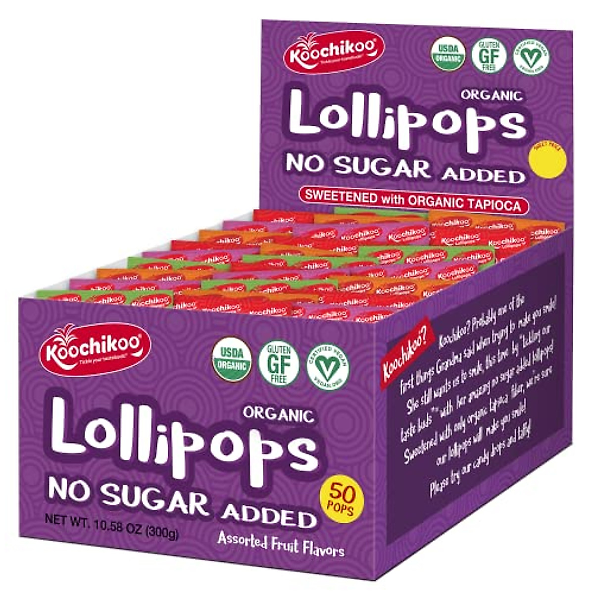 Koochikoo Organic Lollipop Variety Box, Assorted Fruit Flavor - Sugar Free, Gluten Free, Vegan - 50 Count