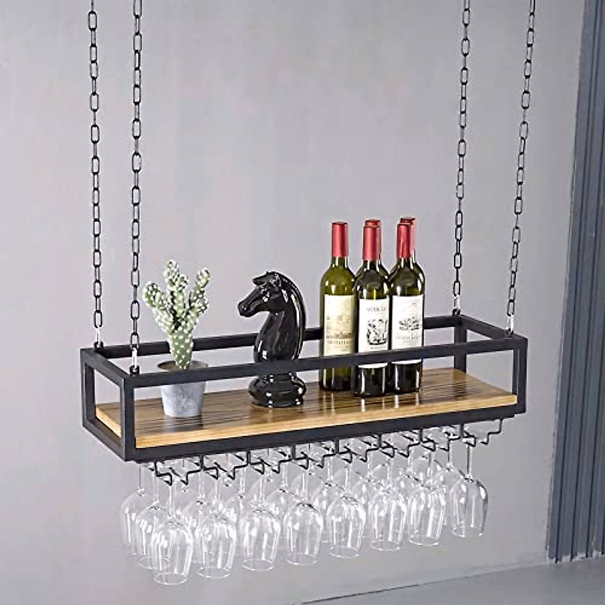 Ceiling Wine Glass Rack - Hanging Wine Rack with Glass Holder and Shelf, Height Adjustable Industrial Hanging Wine Bottle Holder, Black Metal Ceiling Shelf for Bar Cafe Kitchen (47.2×9.8×8.6in)