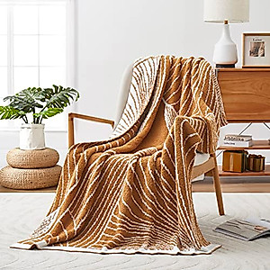 Oli Anderson Sector Knit Throw Blanket for Couch, Lightweight Cozy Blanket and Throws with Plush Reversible Microfiber, Fluffy Blanket for Travel, Bed, Sofa, 60"x80", Caramel