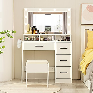 CCF Makeup Vanity Desk with Mirror and Lights, Vanity Mirror with Lights Desk and Chair, Big Vanity Mirror Desk with 4 Drawers and 10 Lights, 3 Lighting Modes Adjustable Brightness Dresser, White