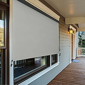 VICLLAX Premium Outdoor Roller Shade PVC Fabric Exterior Roller Shade Crank Operated with Aluminum Protective Valance(8' W X 8' L), Light Grey