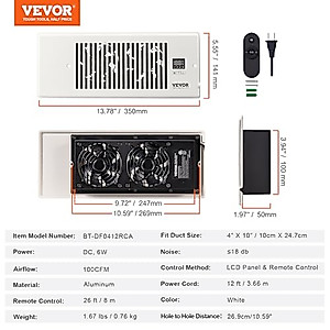 VEVOR Register Booster Fan, Quiet Vent Booster Fan Fits 4” x 12” Register Holes, with Remote Control and Thermostat Control, Adjustable Speed for Heating Cooling Smart Vent, White