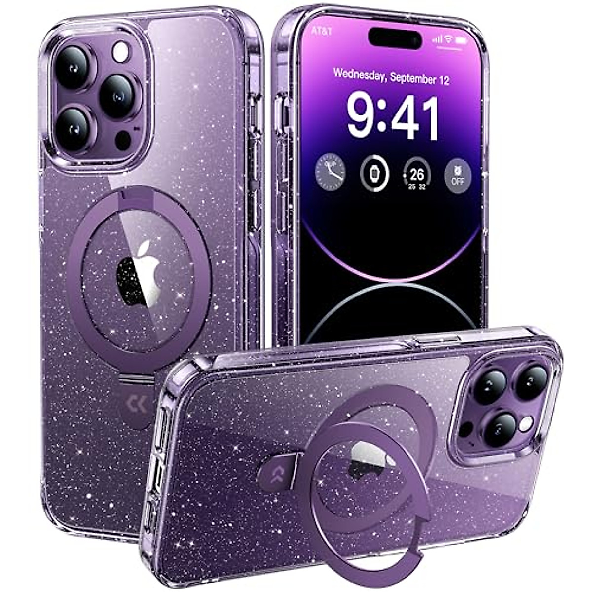 CASEKOO Genuine Official for iPhone 14 Pro Case with Magnetic Ring Stand [Compatible with MagSafe] [16FT Military-Grade Protection] Shockproof Twinkle Star Phone Grip Cover 6.1'', Sparkle Purple
