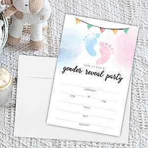 JCVUK Baby Shower Invitations, Baby Footprints Gender Reveal Invitation Cards With Envelopes(25 Pack), Baby Shower Decorations And Supplies For Boys Girls(YQK-A04)