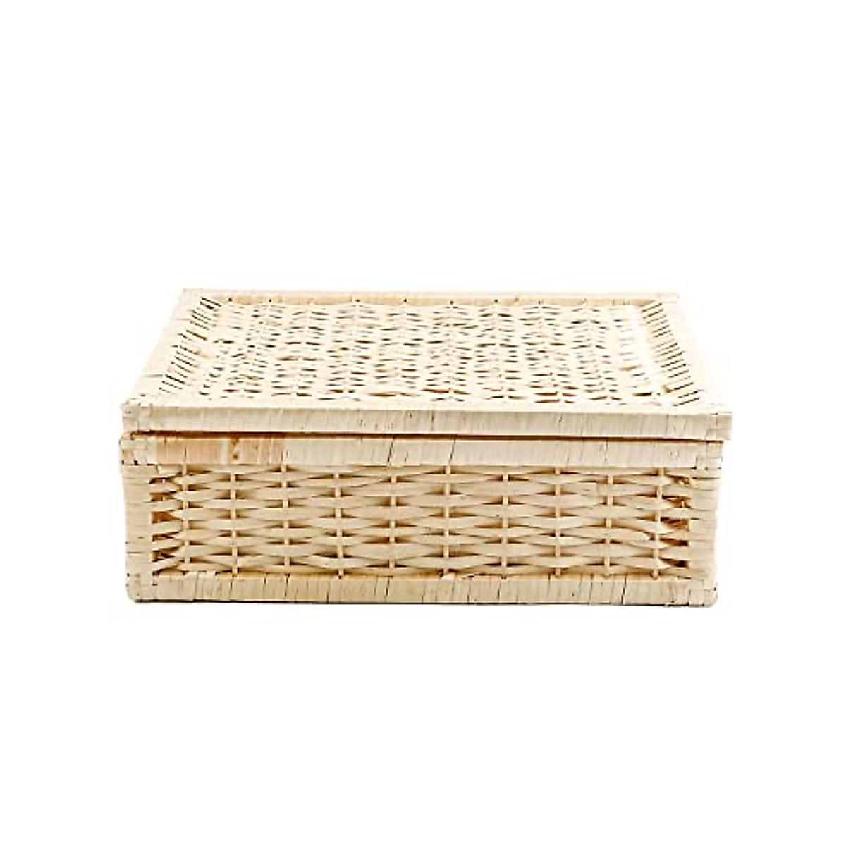 KINGWILLOW Wicker Basket with Lid, Rectangular Wooden Framed Woven Storage Bin with Inside Handles