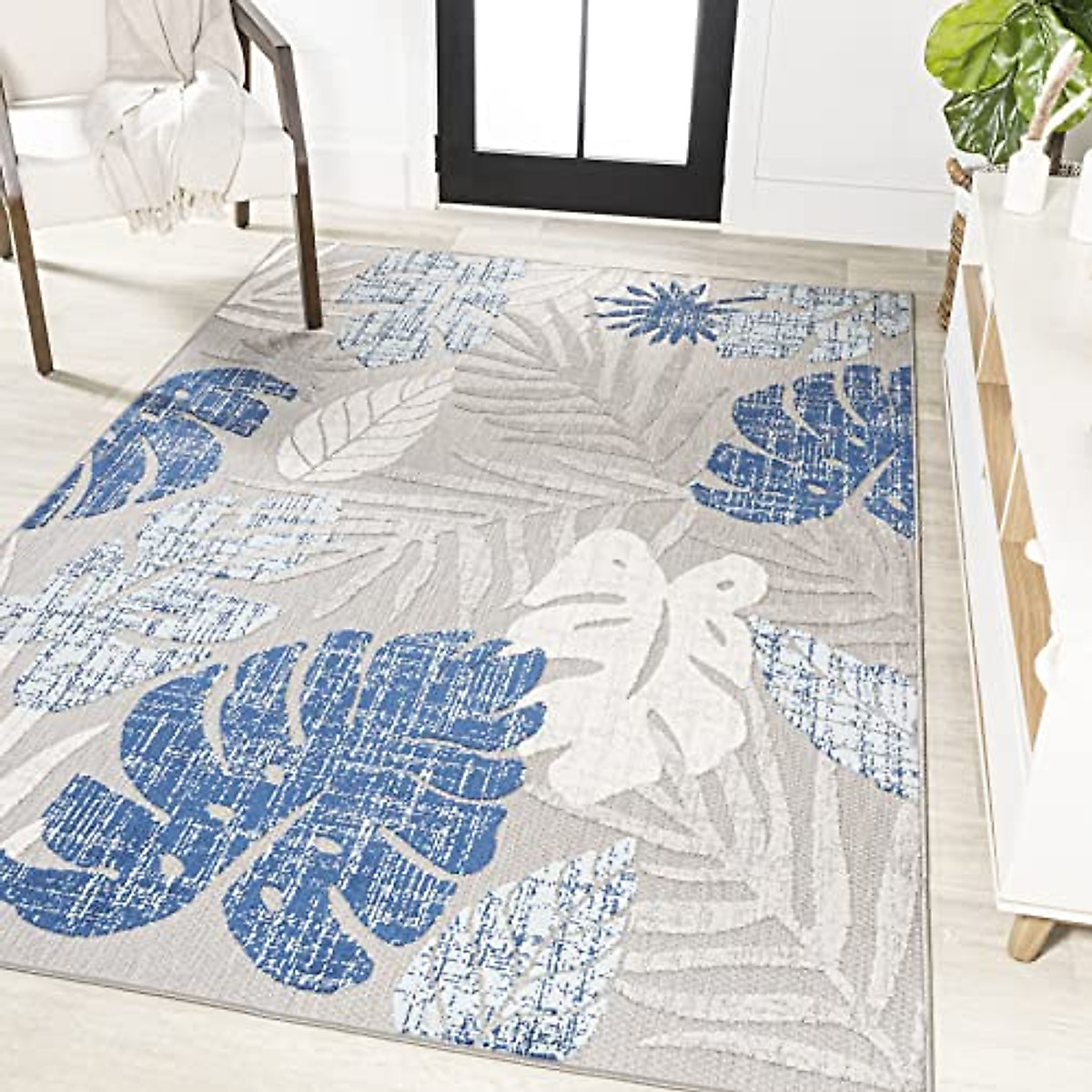 JONATHAN Y AMC113A-3 Monstera Tropical Leaf High-Low Indoor Outdoor Area-Rug, Coastal Floral Transitional Easy-Cleaning,Bedroom,Kitchen,Backyard,Patio,Non Shedding, 3 X 5, Light Gray/Navy