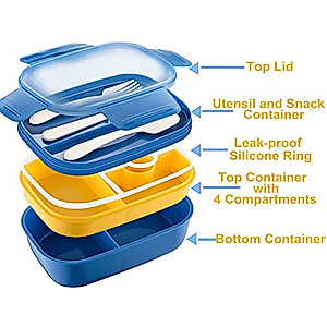 Stackable Bento Box Adult Lunch box- Leakproof Bento Box Lunch Containers for Adult, 64-oz Lunch Box with Utensil Set and Dressing Container, 5 Compartments Large Capacity -Blue Yellow