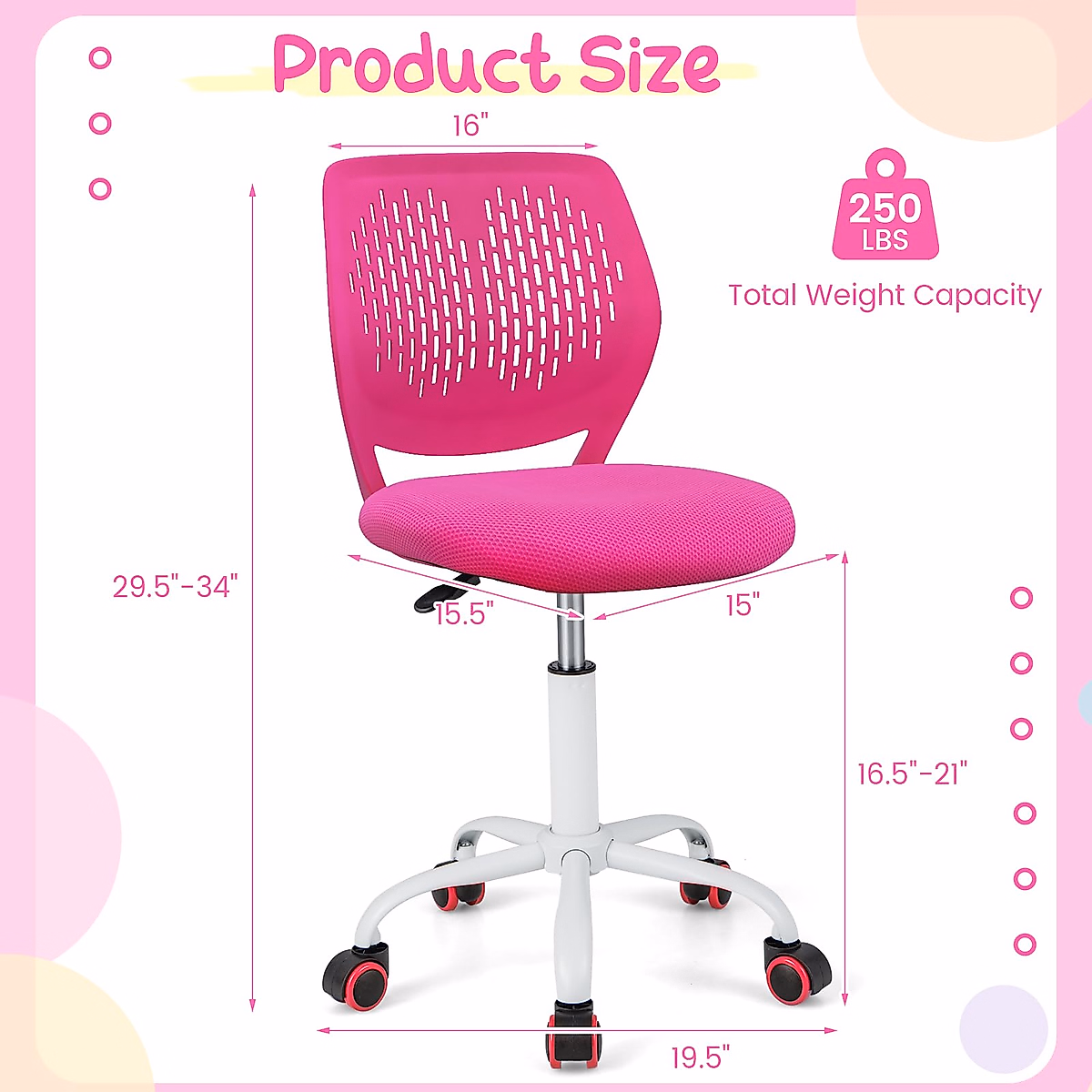 HONEY JOY Kids Desk Chair, Children Study Chair w/Adjustable Height, Low Back, Swivel Rolling Mesh Task Student Chair, Kids Computer Chair for Teens Girls Boys Home/School/Office (Rose)