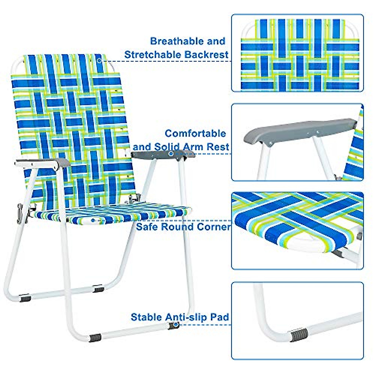 VINGLI Patio Lawn Webbed Folding Chairs Set of 2, Outdoor Beach Portable Camping Chair for Yard, Garden (Blue, Classic)