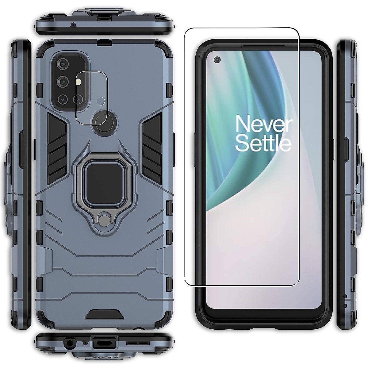 Jusy 3p Oneplus Nord N10 5G Case & Tempered Glass Screen Protector & Camera Protector for 1+ Nord N10, Protective Case with Rotate Holder Kickstand and Magnetic Plate for Oneplus Nord N10 (Navy)