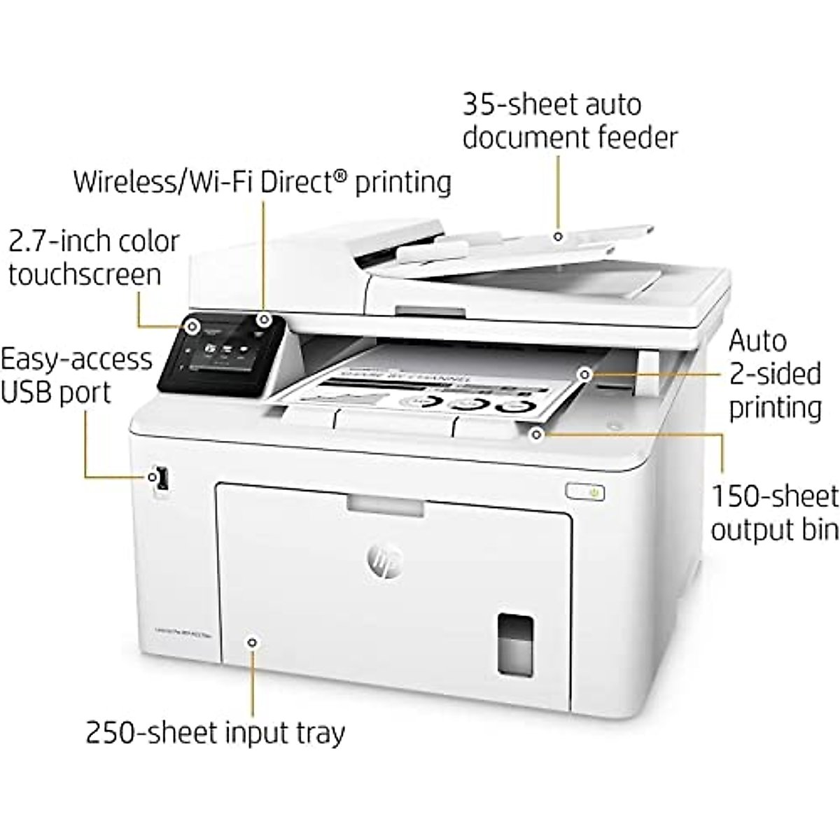 HP Laserjet Pro MFP M227fdw All-in-One Wireless NFC Ethernet Monochrome Laser Printer, W - Print Scan Copy Fax - 30 ppm, 1200x1200 dpi, Auto 2-Sided Printing, 35-Sheet ADF - White