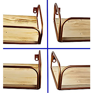 DUCIHBA Set of 2 (Large & Small) Wall Mount Floating Shelves Storage Organize Decorate Display for Nursery Living Kitchen Bedroom Bathroom, Torched Wood with Metal Railing_ Natural Beige & Golden