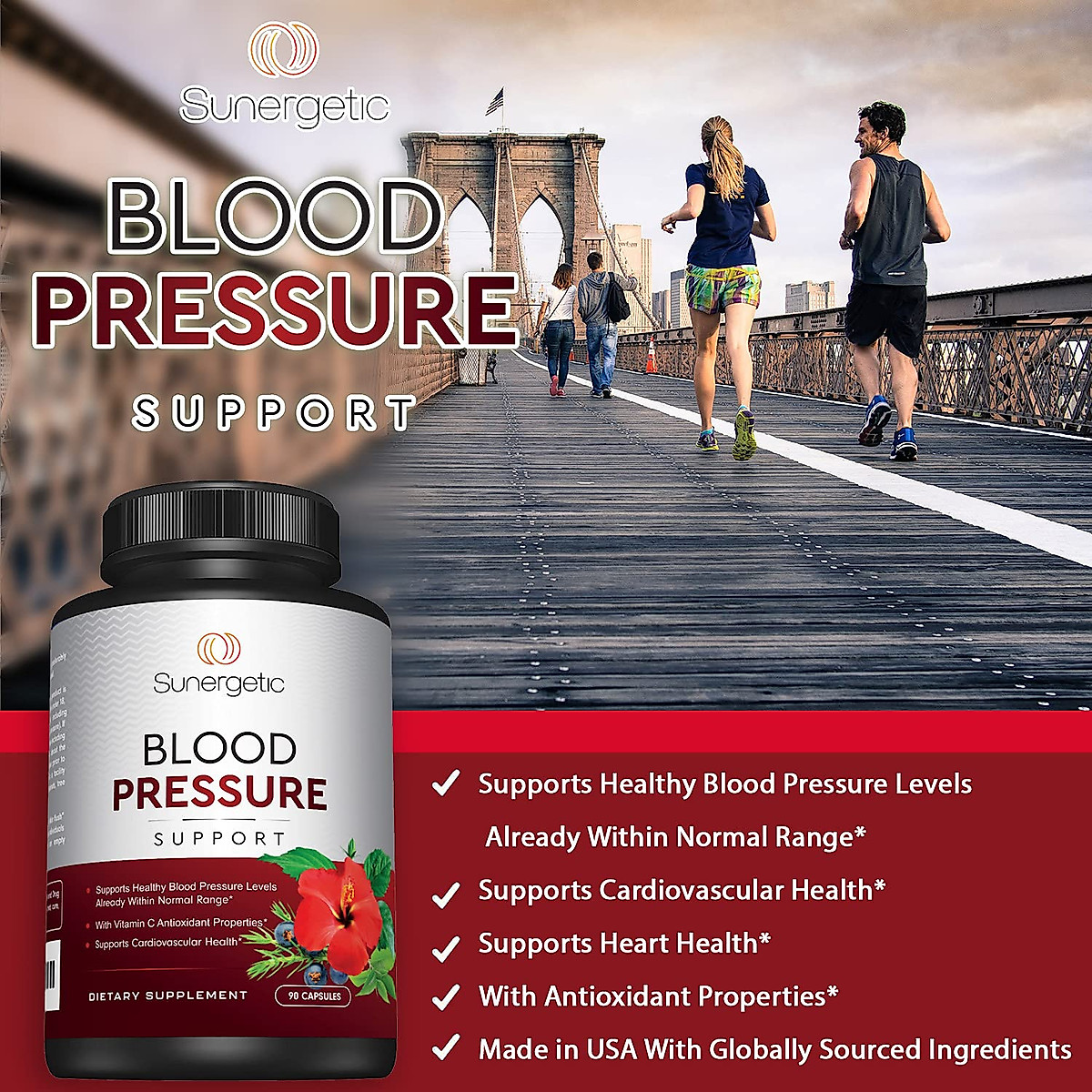 Premium Blood Pressure Support Supplement For Cardiovascular & Heart Health with Garlic, Hawthorn & Hibiscus - 90 Capsules