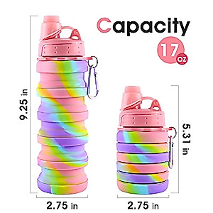 MAKERSLAND Rainbow Collapsible Folding Water Bottles for Kids, Students, Adults, Reusable BPA Free Silicone Foldable Sports Water Bottles for Travel Camping Hiking, Pink