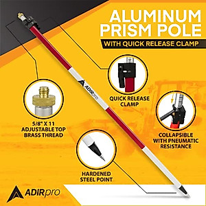 AdirPro Aluminum Prism Pole - Telescopic 8.5’ (2.5m) - Adjustable Tip – Quick Release Clamp - Metric Graduation - Strong & Lightweight GPS Pole - for Use with Prisms, Rover Rod - GNSS Instruments