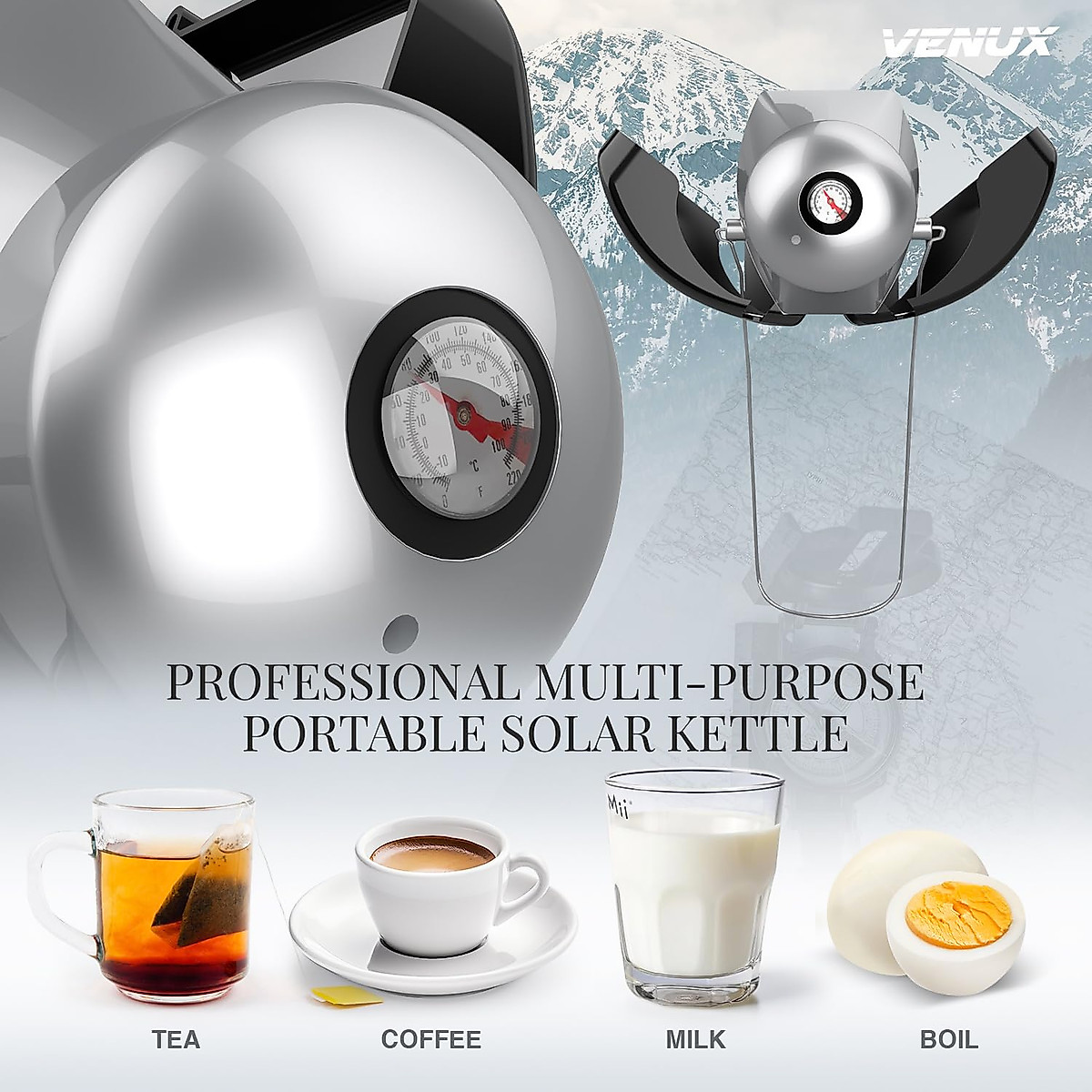 VENUX Portable Solar Water Heater Kettle - Sun Powered Flask for Camping, Hunting & Home Use - Boils Water for Safe Drinking Emergency Use Eco-Friendly Gas/Electricity-Free 1000 ML