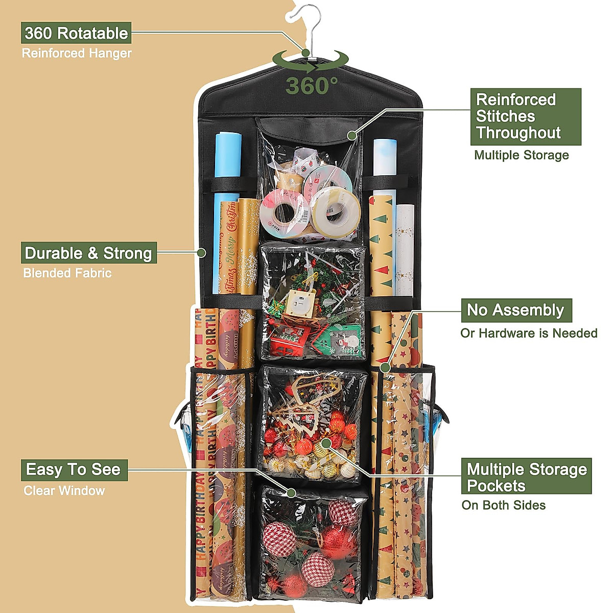 EXLIFBAG Wrapping Paper Storage, Gift Wrap Organizer Holder Double-Sided Hanging Gift Bag Storage Organizer, Black