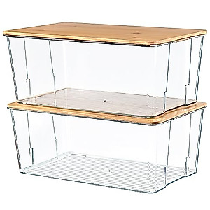 Qilinba 2 Pcs Bamboo Storage Box with Lids, Acrylic Storage Container with External Handles for Organizing Chips, Snacks, Coffee Pod, Laundry Pods, Crafts
