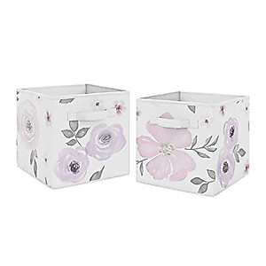 Sweet Jojo Designs Lavender Purple, Pink, Grey and White Organizer Storage Bins for Watercolor Floral Collection - Set of 2 - Rose Flower