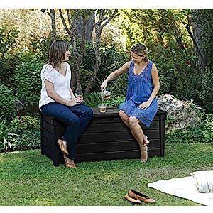 Keter Brightwood 120 Gallon Resin Large Deck Box for Patio Garden Furniture, Outdoor Cushion Storage, Pool Accessories, and Toys, Grey