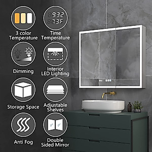 ExBrite Lighted Medicine Cabinet 36x30 Inch,Recessed or Surface led Medicine Cabinet, Clock&Room Temp Display,Defog,Stepless Dimming,Medicine Cabinet with Lights 3-Color Temper Chang, Outlets & USBs