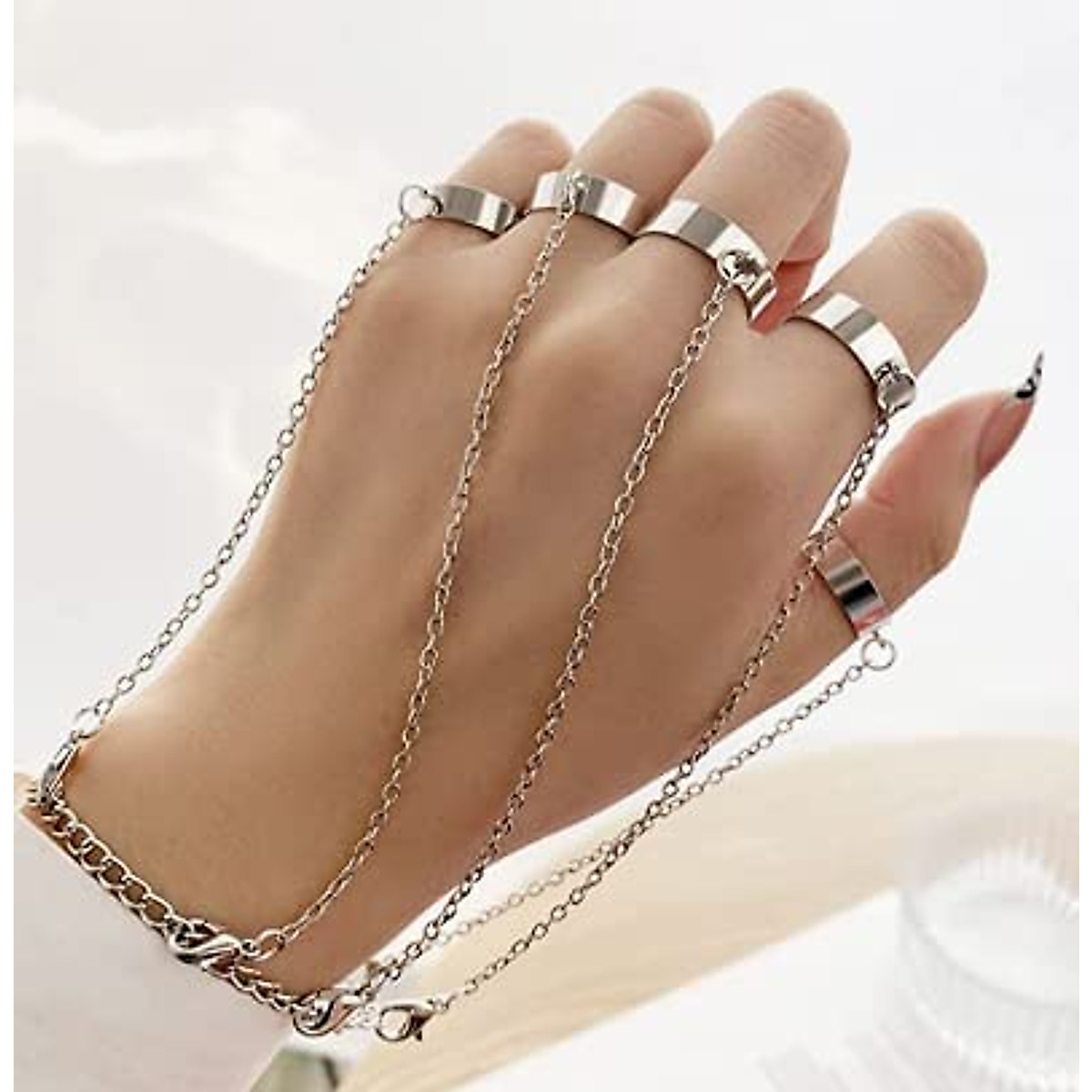 DouuYuhet Chain Finger Rings Bracelet for Women Men Adjustable Stainless Steel Gold Silver Gothic Punk Cool Statement Stackable Rings (Silver)