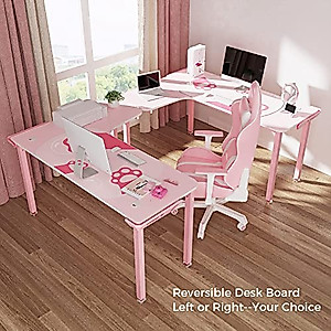 It's_Organized 61 Inch L Shaped Gaming Desk,Space-Saving Corner Desk with Cat Paw Mousepad,Modern PC Computer Study Writing Table for Girl,Easy to Assemble,Pink