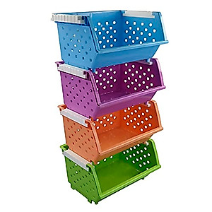 Ramddy 4-Pack Large Plastic Stackable Storage Basket, Multi-functional Colored Toy Stacking Bins