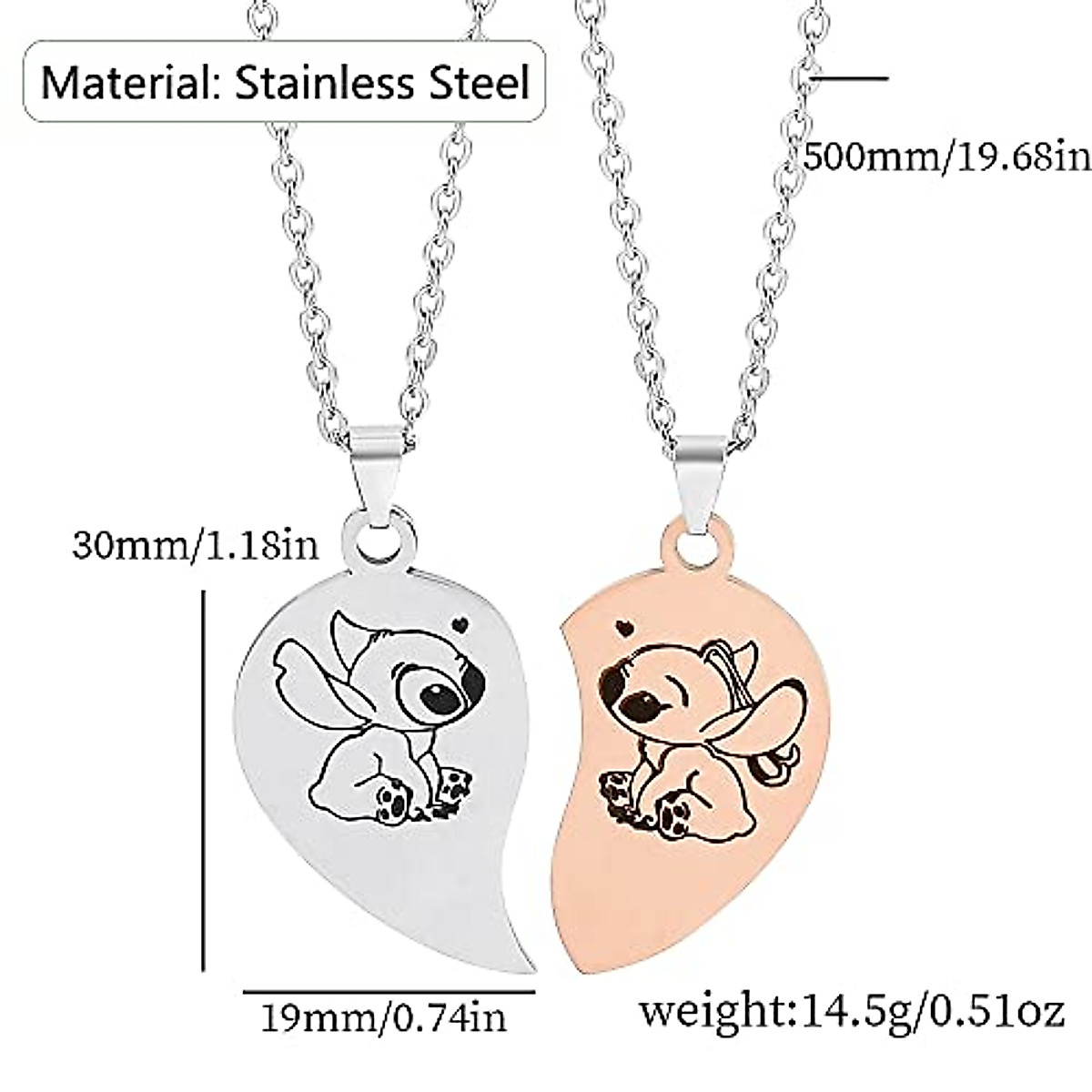 Cartoon Stitch & Angel Necklaces Set - 2Pcs Stainless Steel Chain Pendant Couple Choker Jewelry Accessories, Gifts for Lover