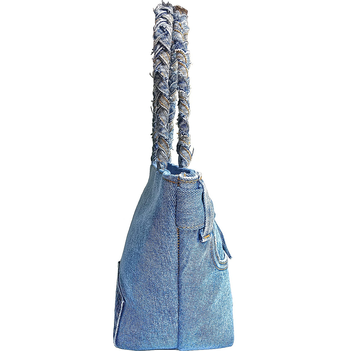 Upcycling Blue Denim Jeans Trapeze Bag Silver Stud Bow-Tied Braided Strap Top-Handle Handbag Purse for Women