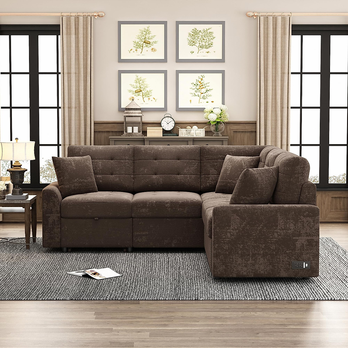 LZ LEISURE ZONE 82.6" L-Shape Sofa Bed, Pull-Out Sleeper Sofa with Wheels, USB Ports, Power Sockets for Living Room, Brown