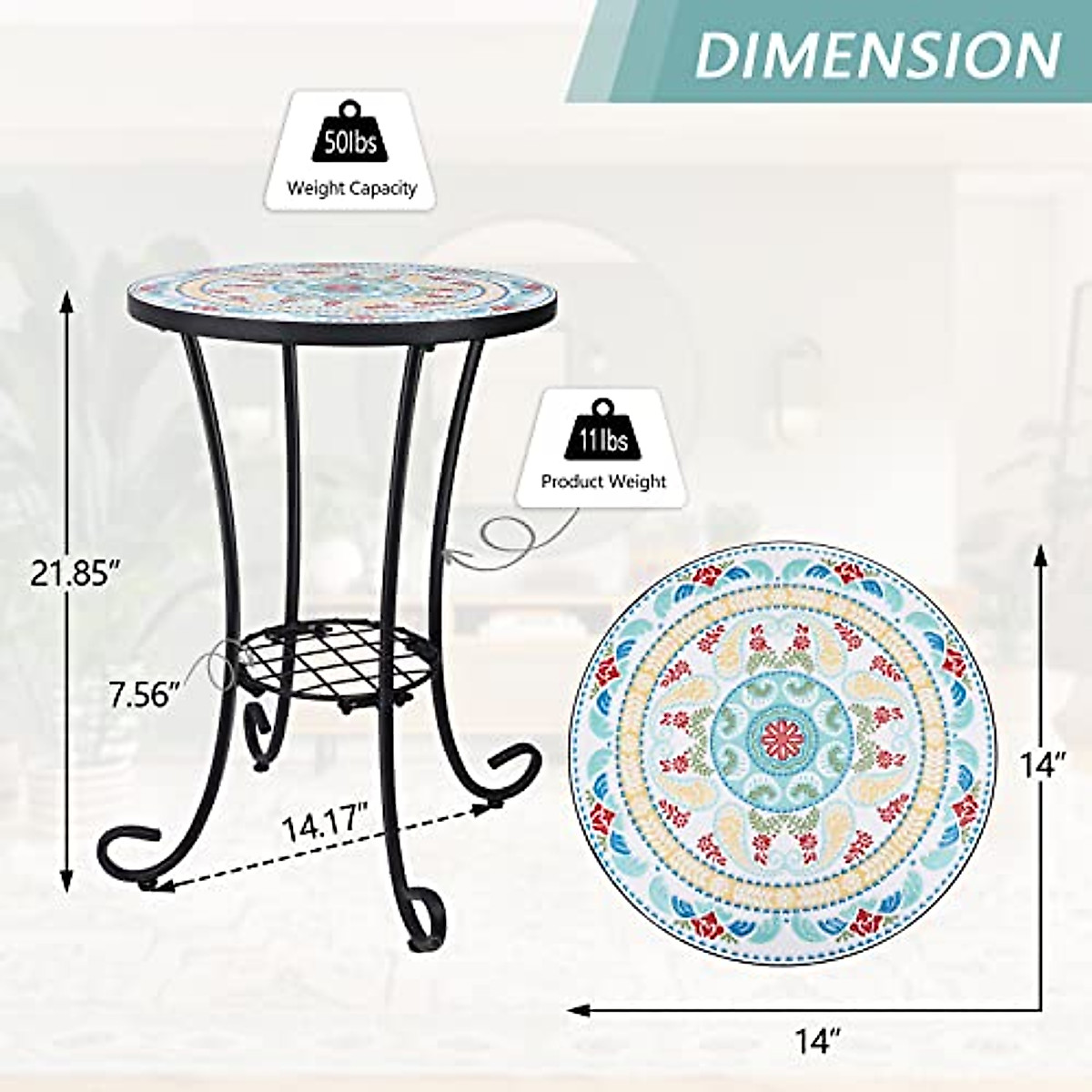 VCUTEKA Outdoor Side Table Mosaic Patio Table Accent Table Mosaic Tile Top Metal Frame Small End Table Porch Beach Patio Garden Balcony Beige 14''