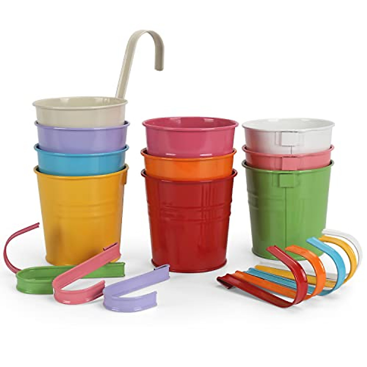 OUTFANDIA Hanging Flower Pots (10pcs), Balcony Garden Plant Planter Metal Iron Mini Flower Seedlings Brigade Fence Bucket Pots Hanger for Home Decor